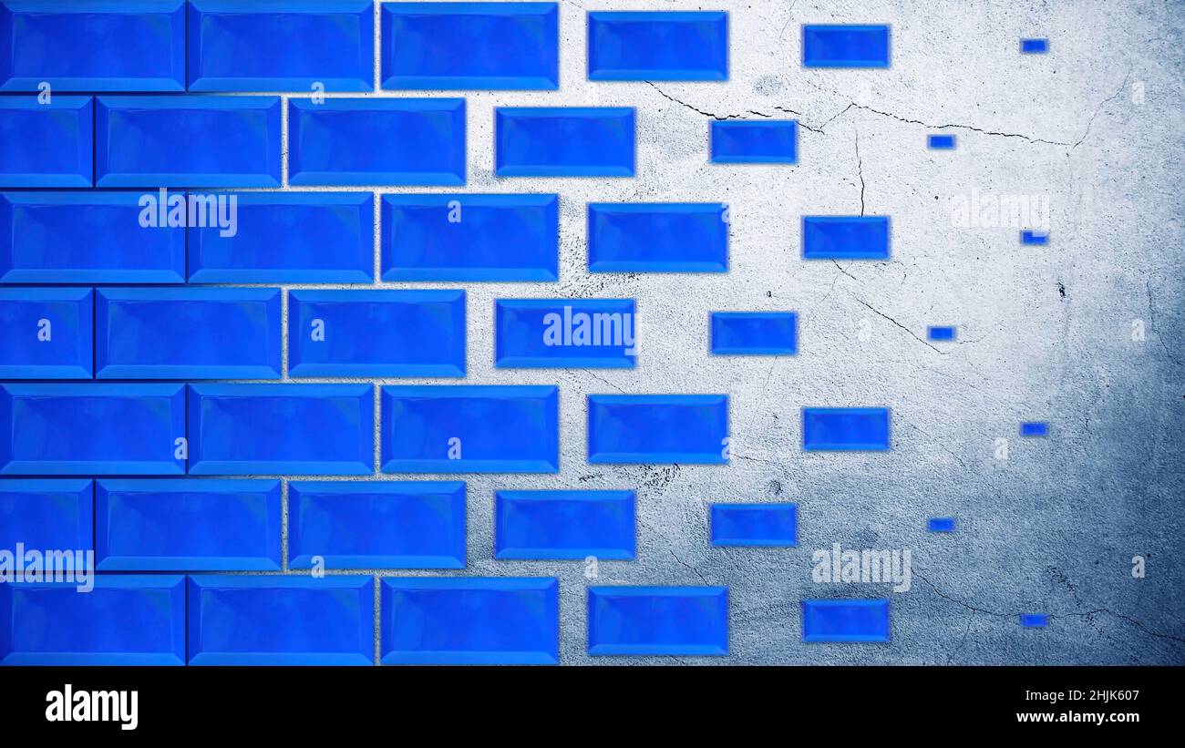 Abstract parallel rows of blue bricks appear in front of white and blue ...