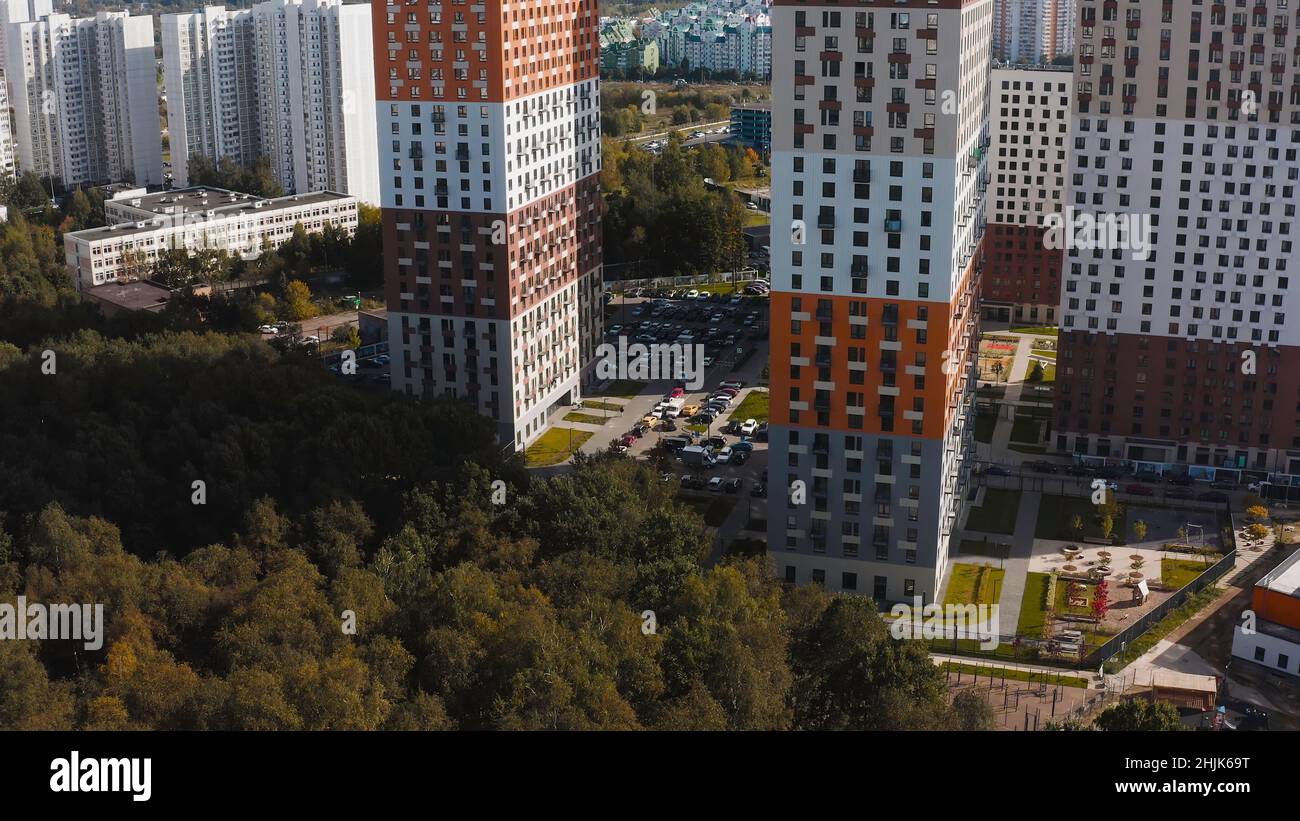 Top view of residential complex with multi-colored high-rise buildings ...