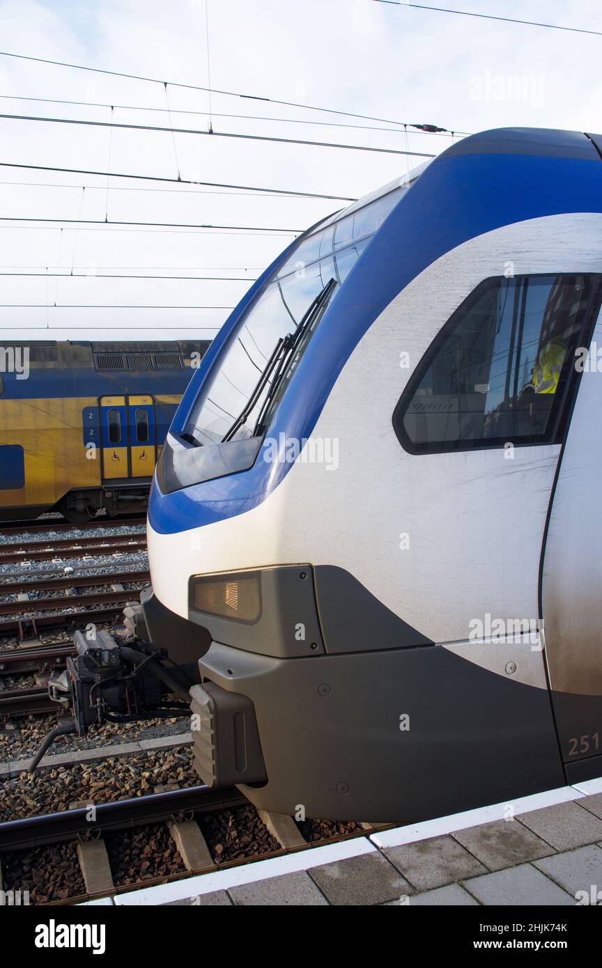 Locomotive of a white and blue train in the Netherlands Stock Photo - Alamy
