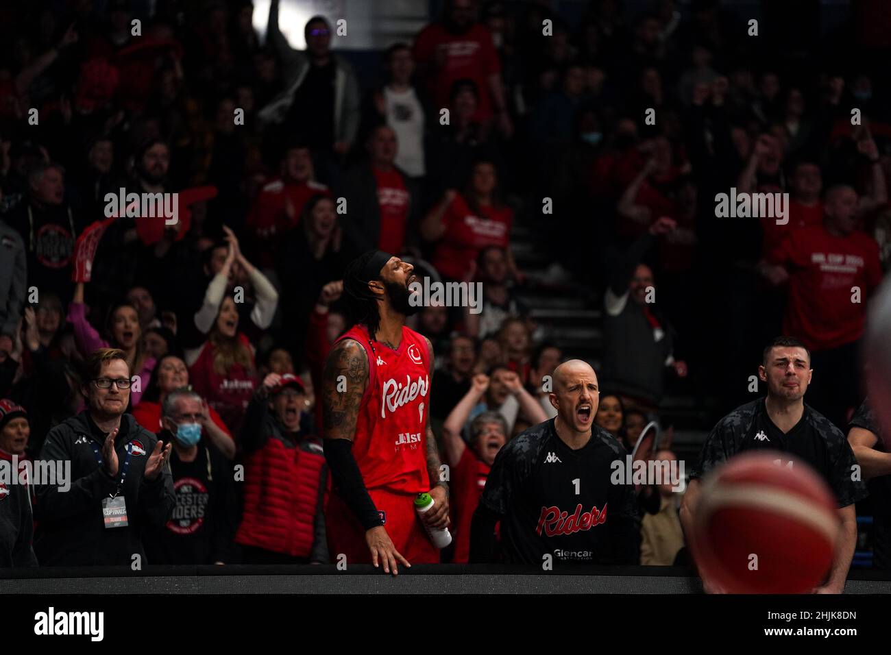 Leicester Riders' bench react during the BBL Cup final at the Utilita ...