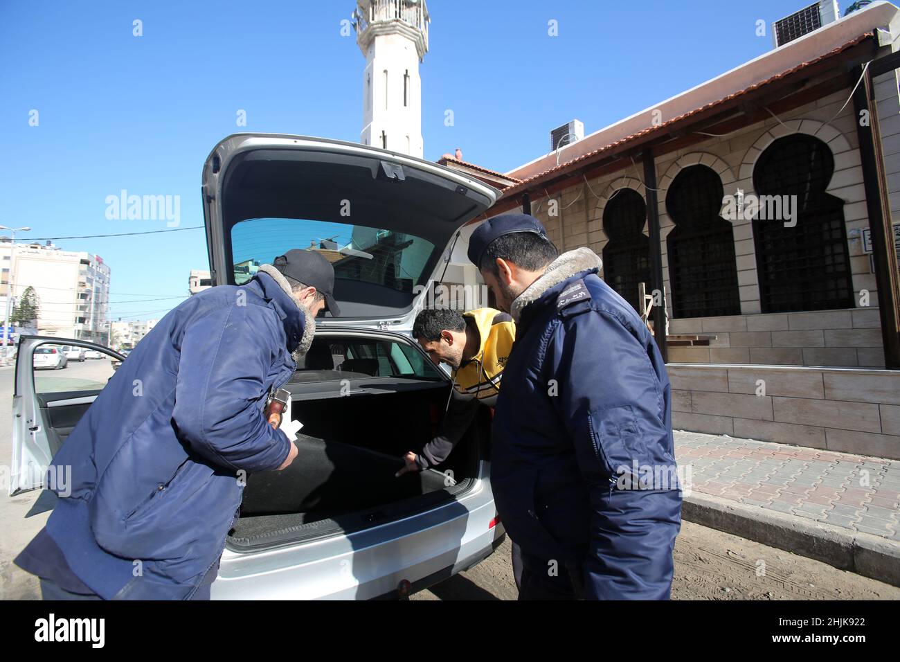 Gaza, Palestine. 30th Jan, 2022. Palestinian police officers inspect a ...