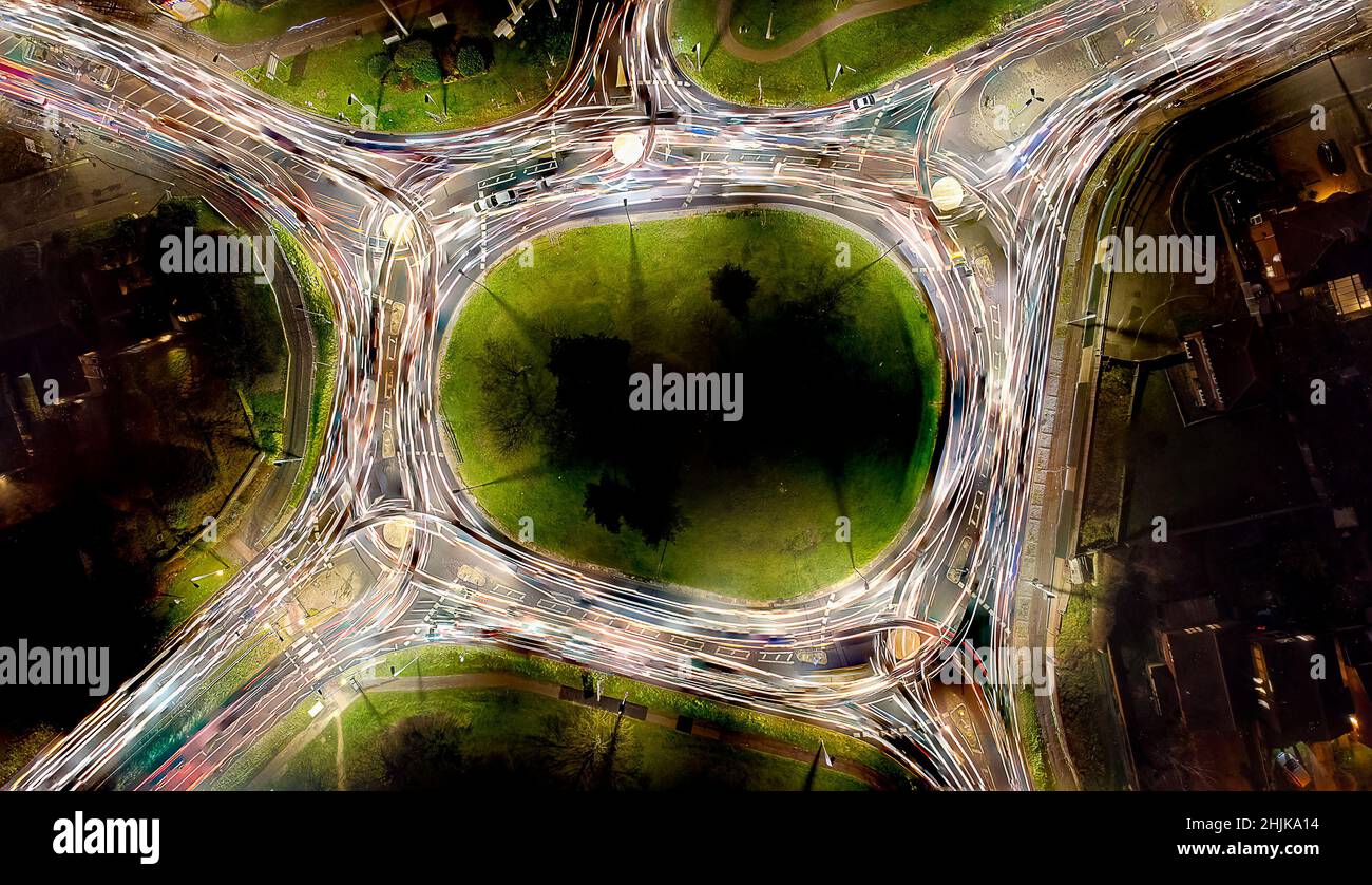 Looking down at the light trails on a roundabout in Colchester, Essex ...