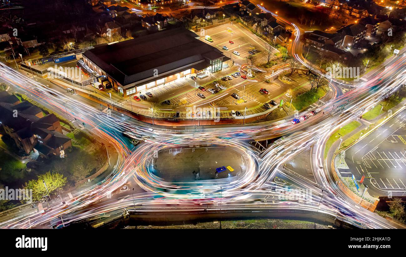 Looking down at the light trails on a roundabout in Colchester, Essex ...