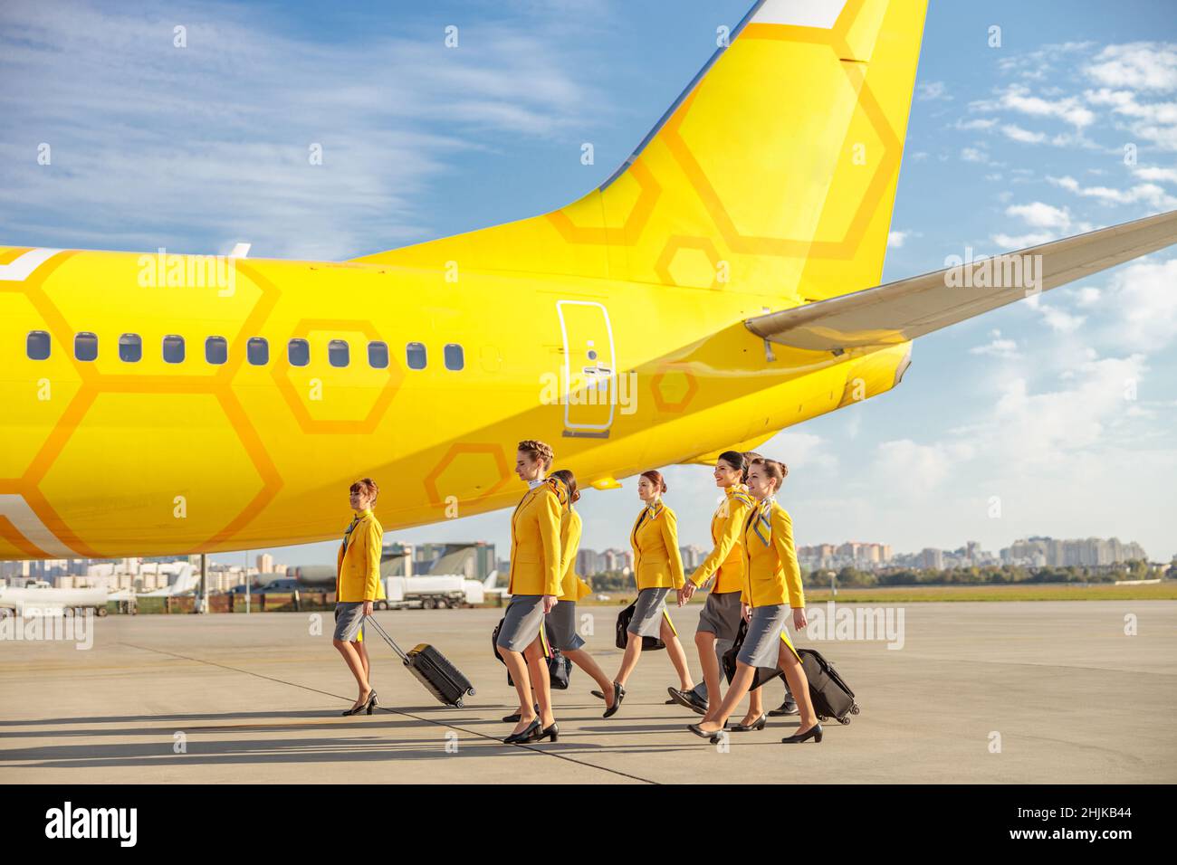 Aircrew in aviation uniform carrying travel bags while walking down ...