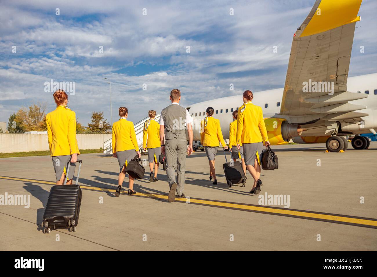 Back view of man and women flight attendants wearing aviation work ...