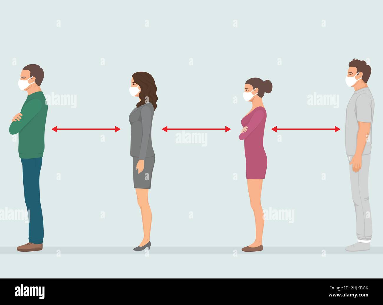 people stand queue. Full length of cartoon sick people in medical masks ...