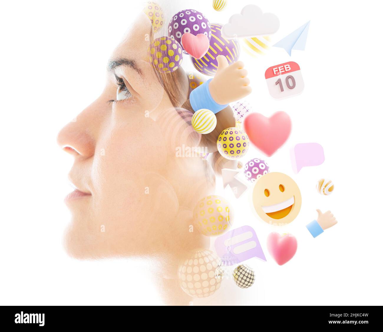 A portrait of a woman combined with 3D figures in a double exposure ...