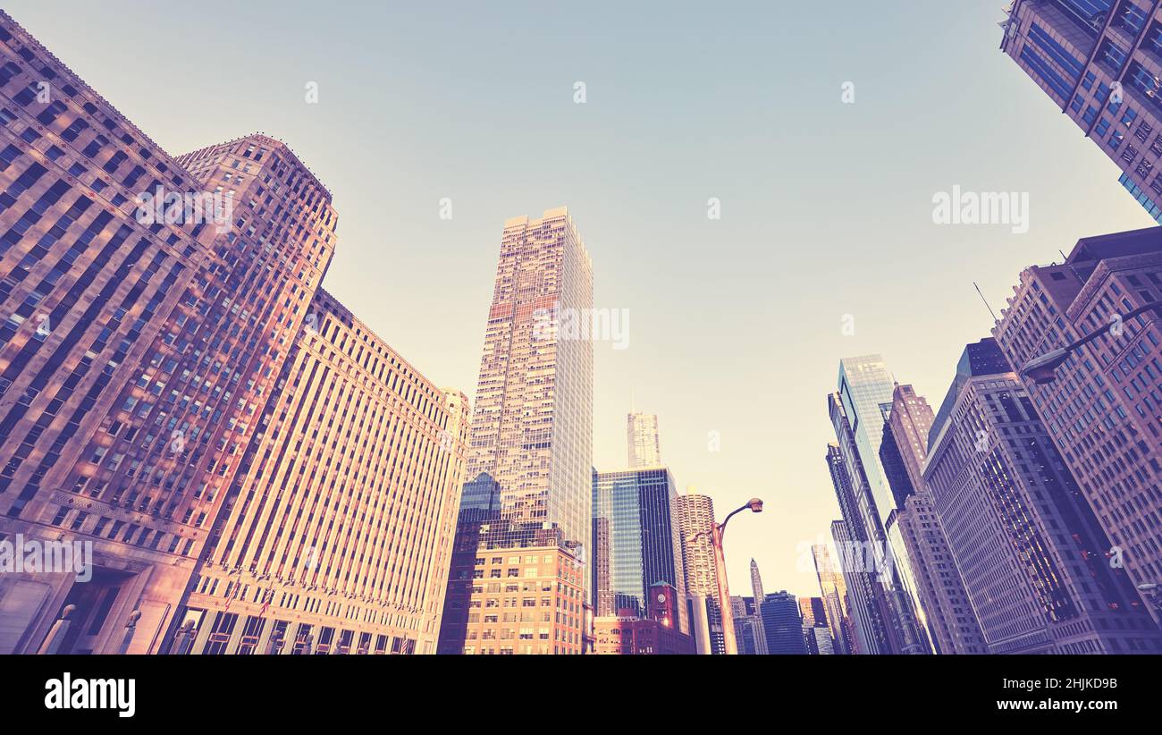 Downtown Chicago at sunset, color toning applied, Illinois Stock Photo ...