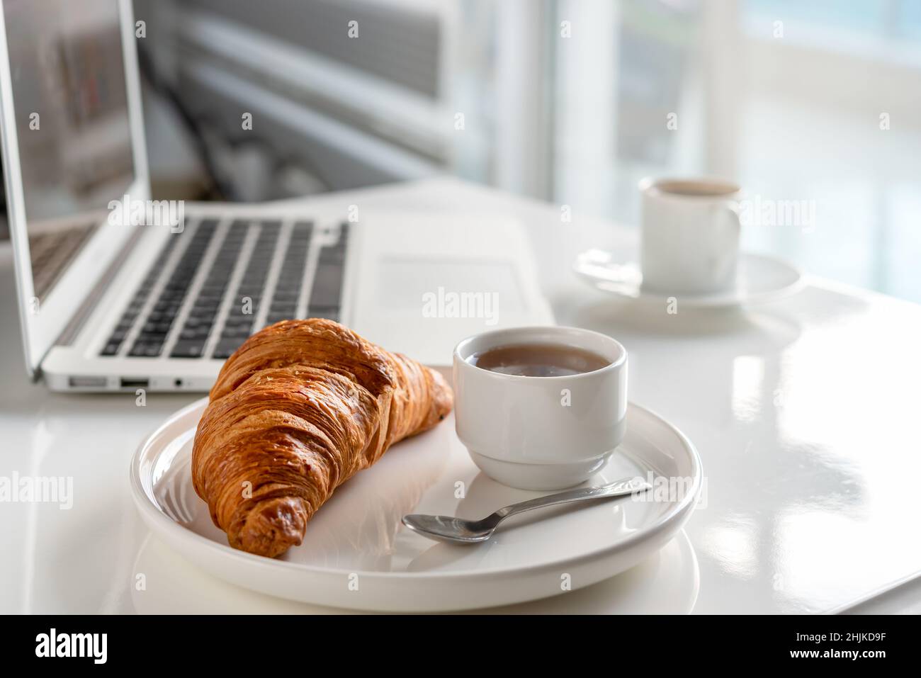Coffee break. Breakfast or lunch at work. Desktop in the office ...