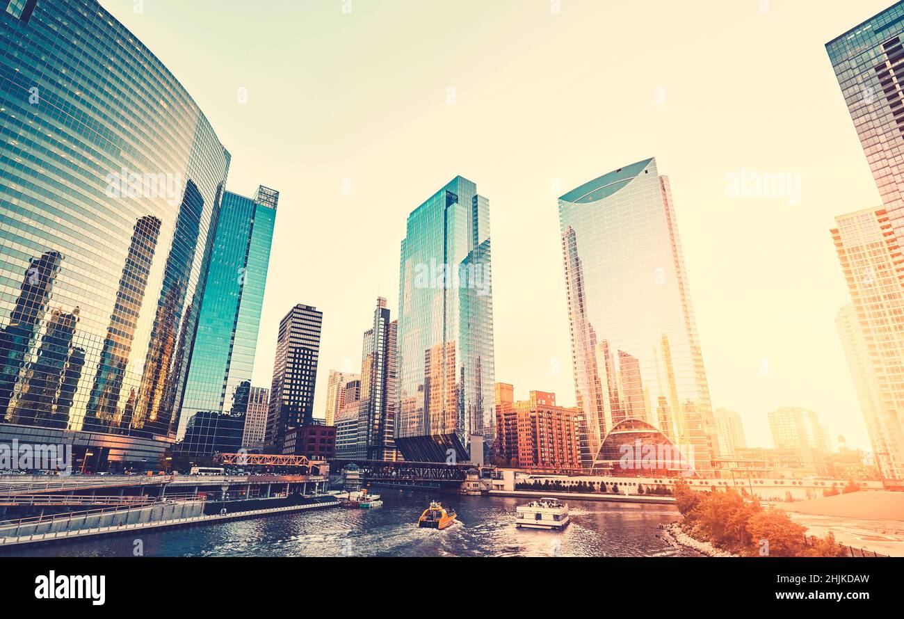 Chicago panorama at sunset, color toning applied, USA Stock Photo - Alamy
