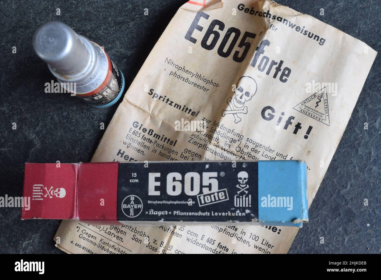Historical pack of the insecticide Parathion, sold by the Bayer company ...