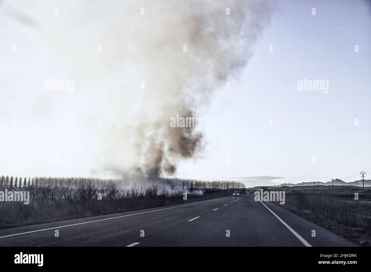 Burning in the field with smoke on the road, natural disaster ...