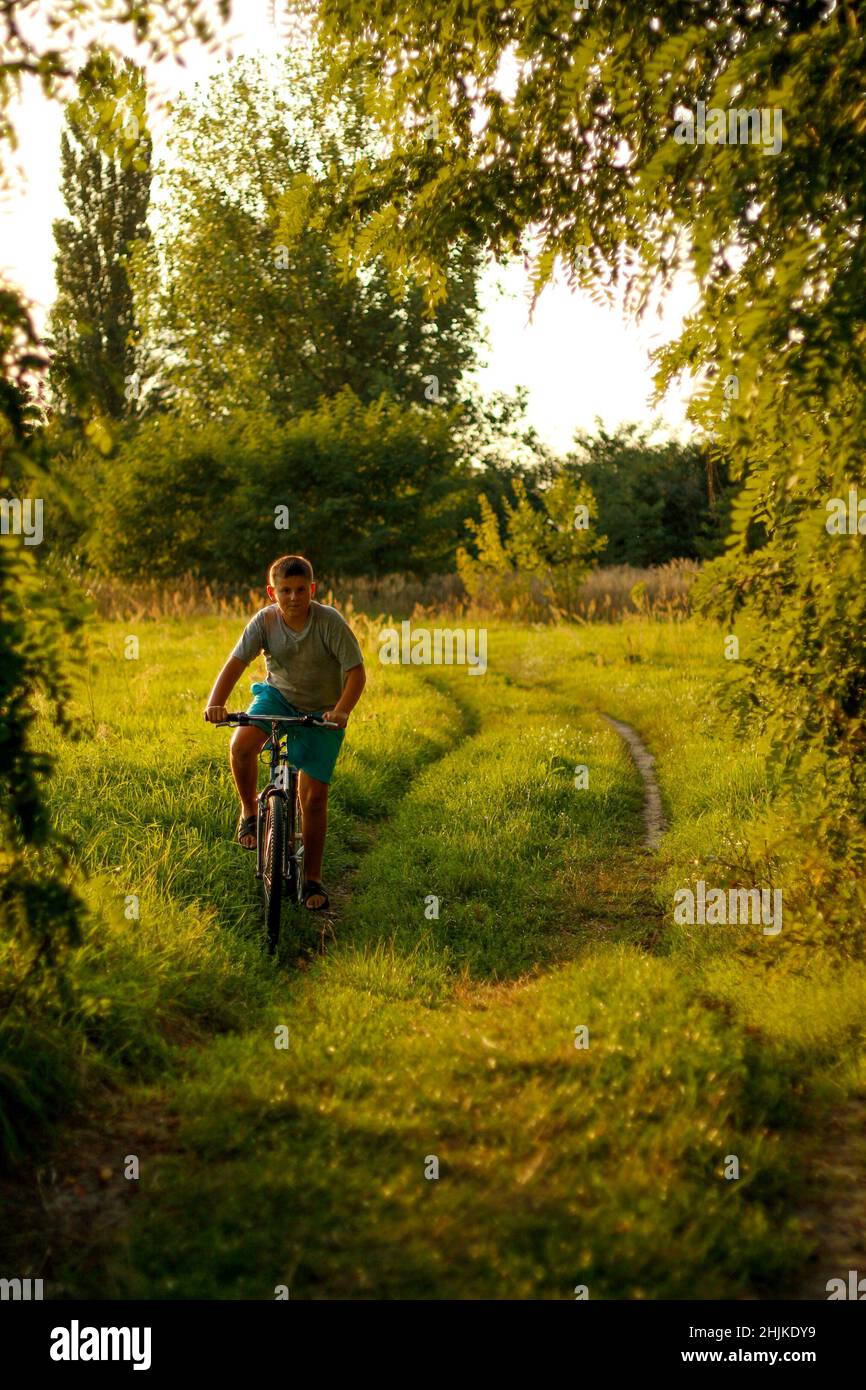 Happy childhood. A beautiful teenage boy rides a bicycle in the ...