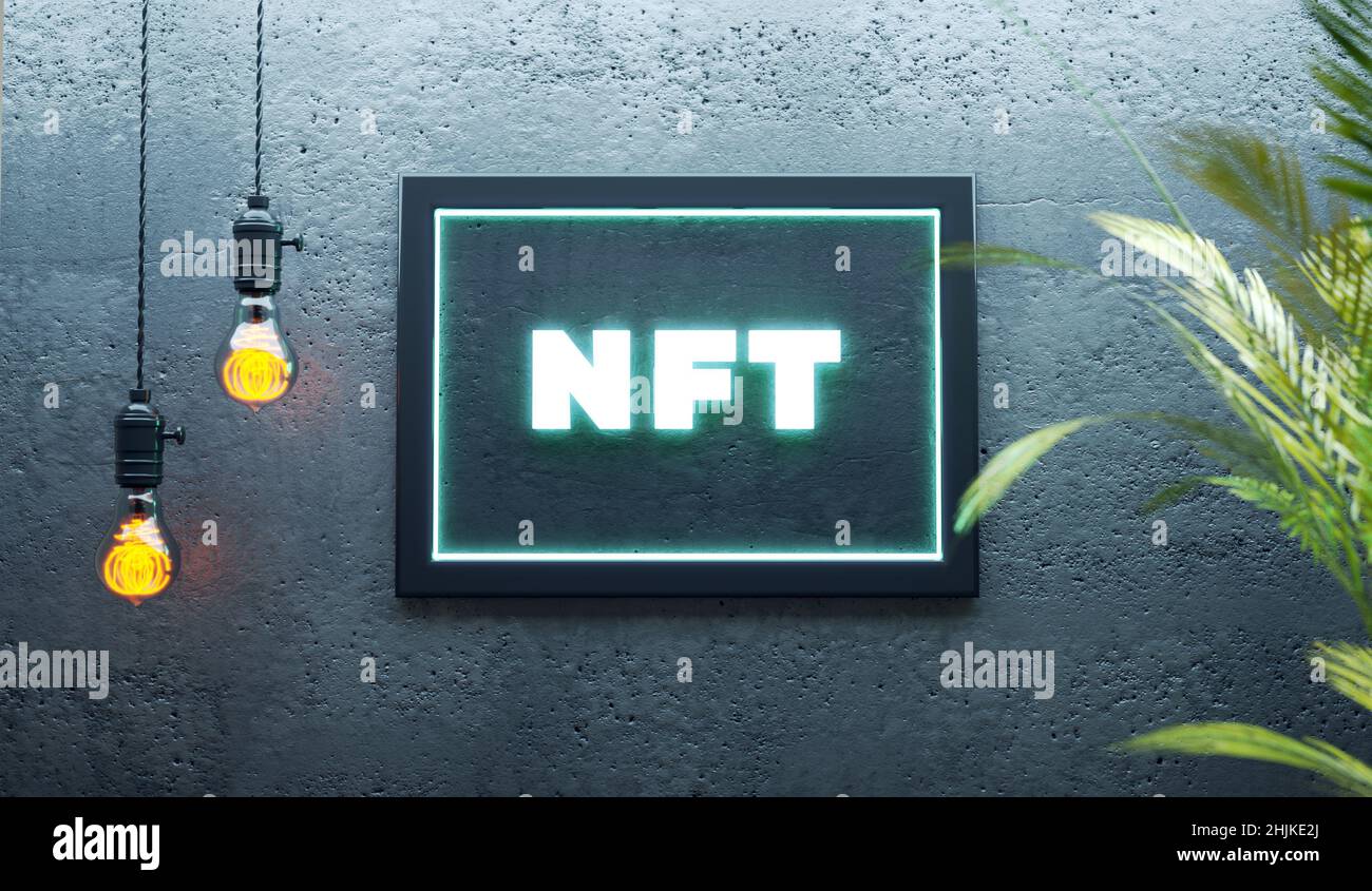 NFT non fungible token, crypto art in 3D rendering illustration. Frame ...