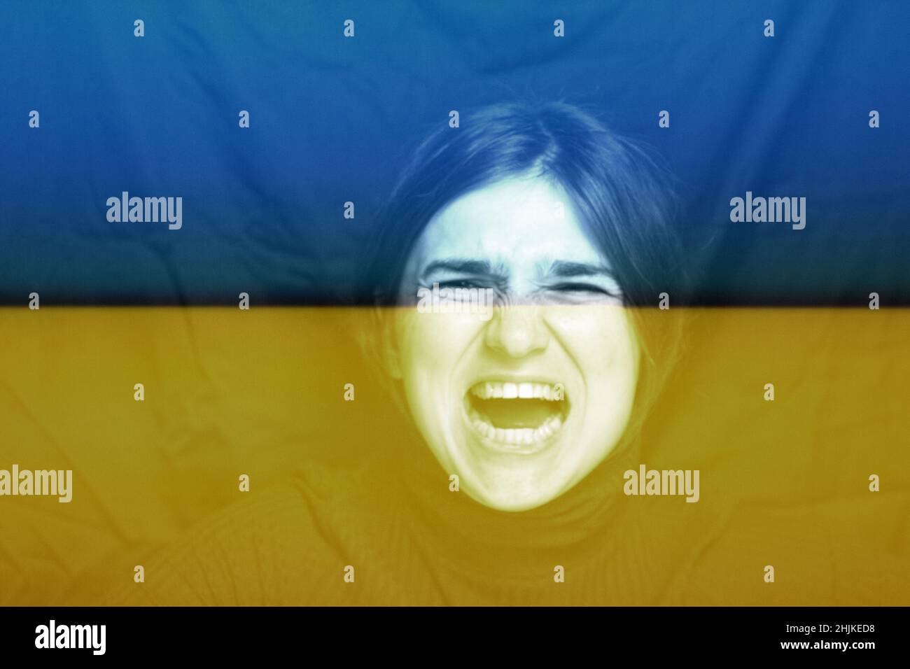 War between Russia and Ukraine. Young woman screaming, hate, rage ...