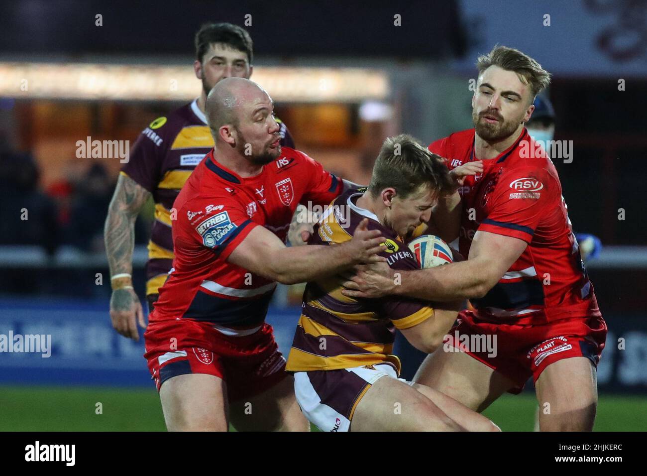 Tom Garratt (26) and George King (10) of Hull KR in action during the ...