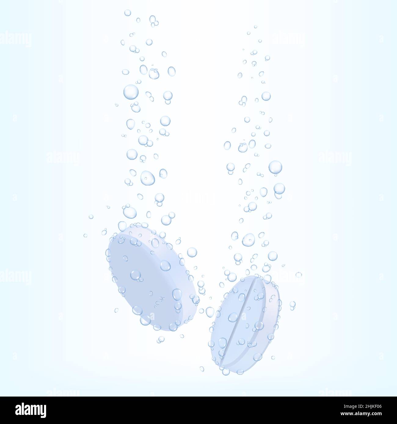 Tablet with bubbles. Effervescent dissolving aspirin tablets in carbonated water. Effervescent ...