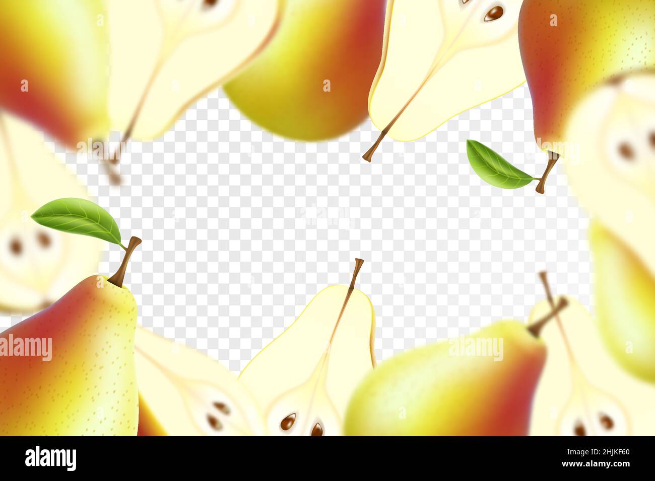 Fruit background. Realistic 3d flying pears. Whole and pieces of juicy ...