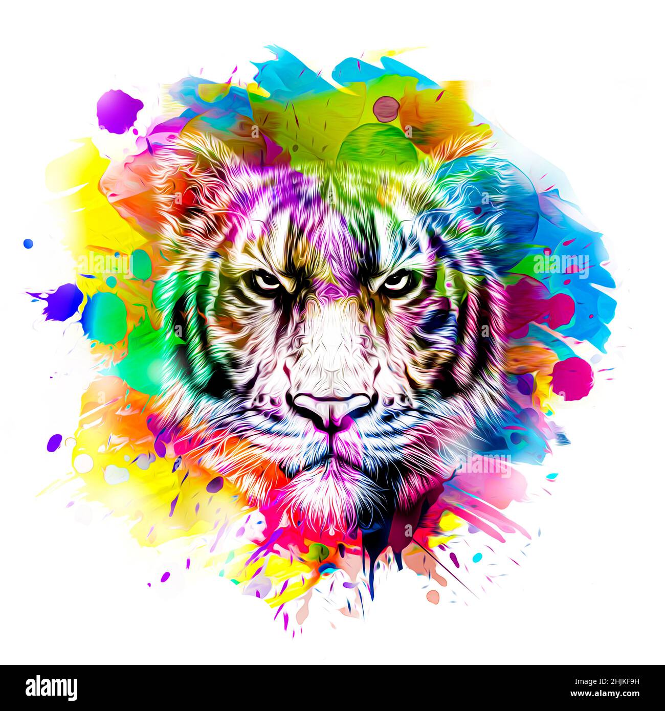 Bright abstract colorful background with tiger, paint splashes Stock ...