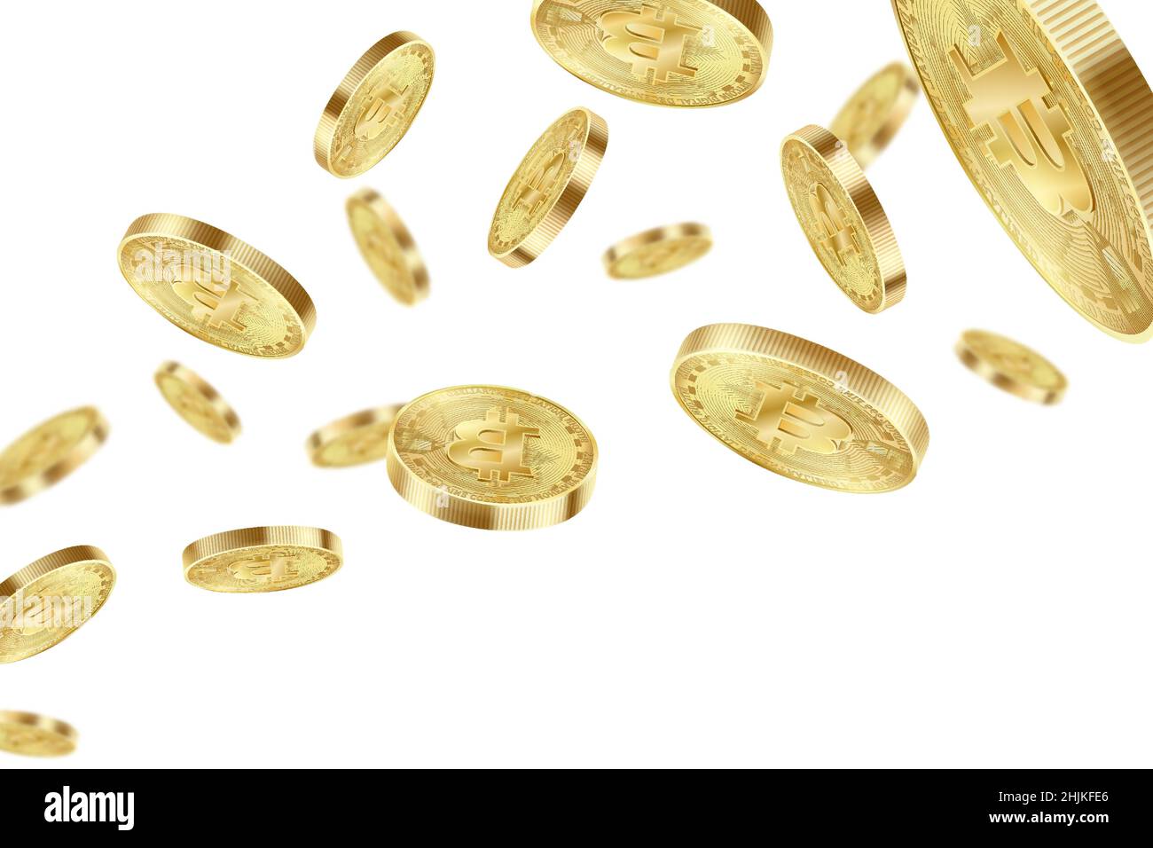 Bitcoin coins flying isolated on a white background. Bitcoin virtual ...
