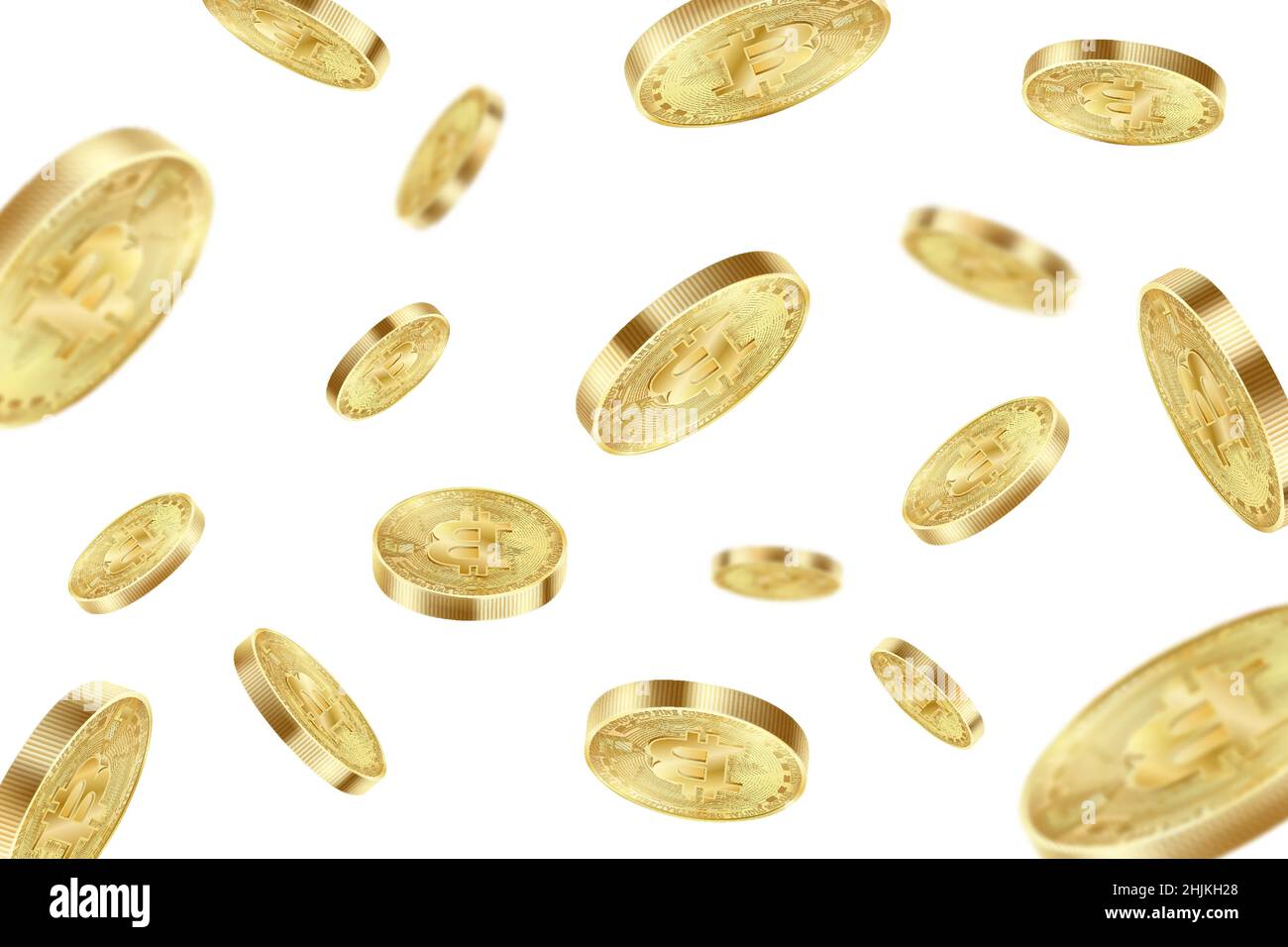 Bitcoin coins flying isolated on a white background. Bitcoin virtual ...