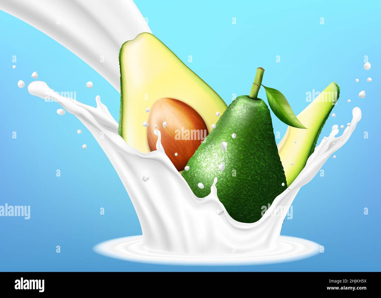 Flowing milk splash with avocado fruits vector 3d realistic ...