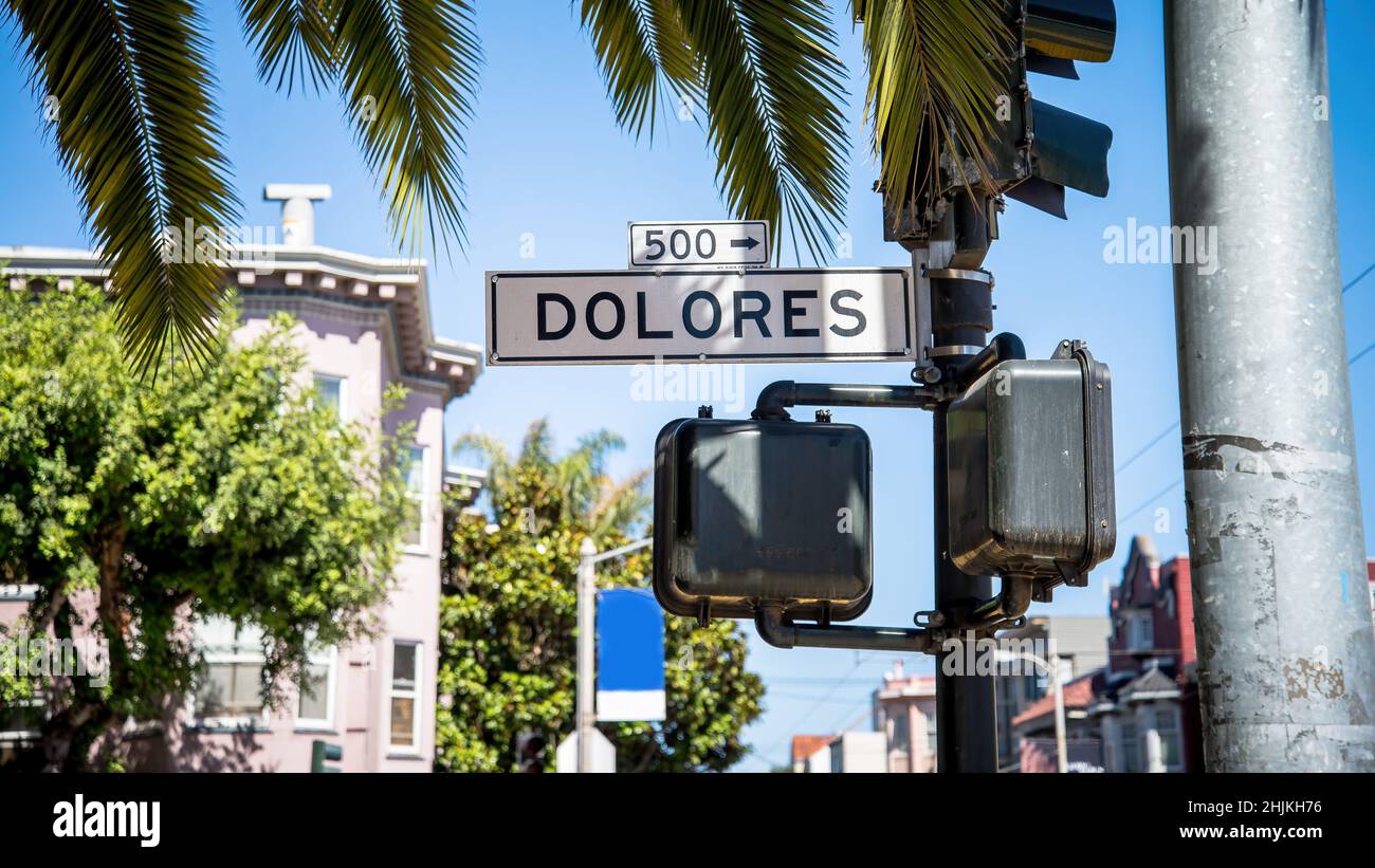Traffic and directional street sign of Dolores in San Francisco ...