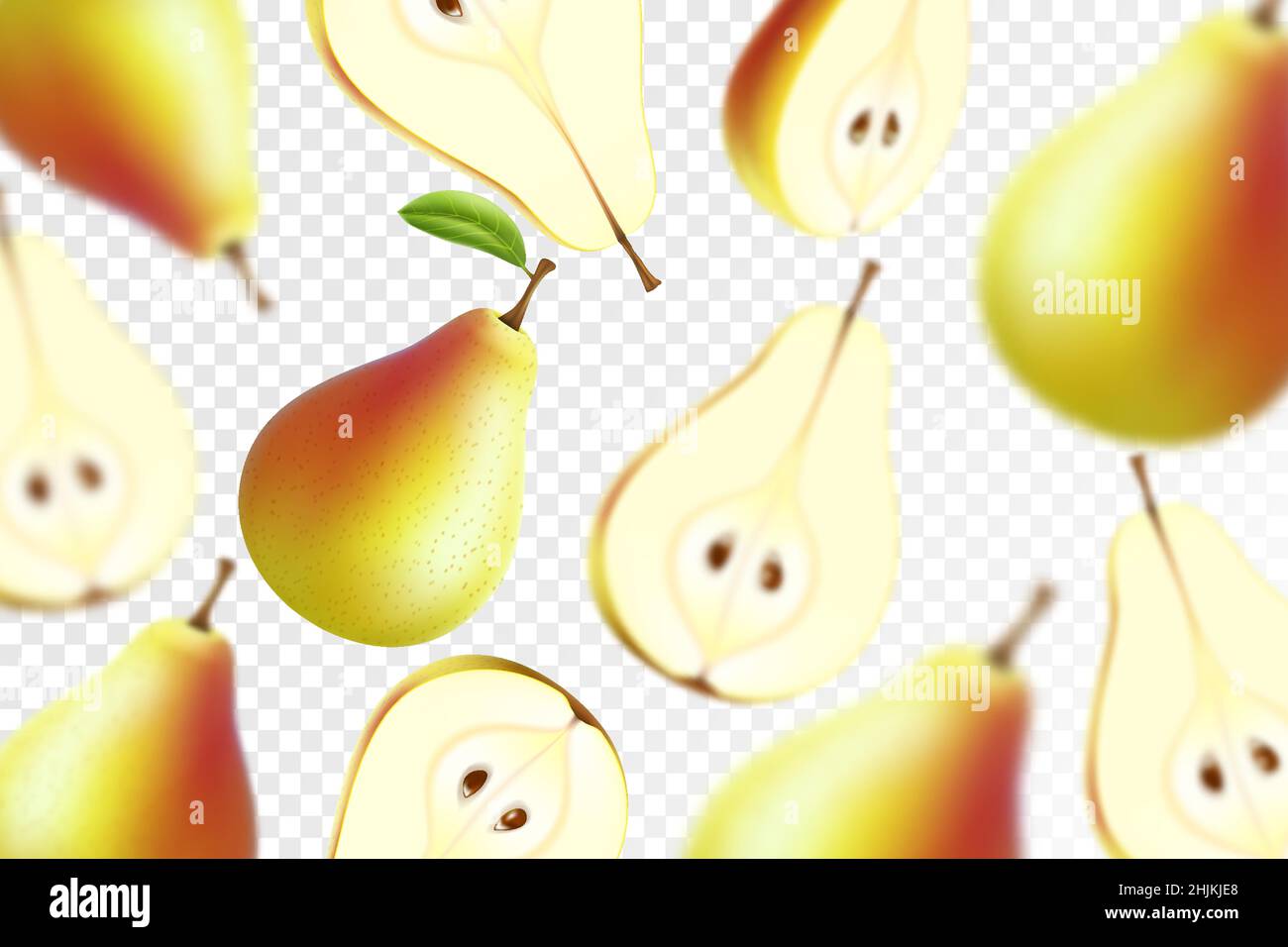 Fruit background. Realistic 3d flying pears. Whole and pieces of juicy ...