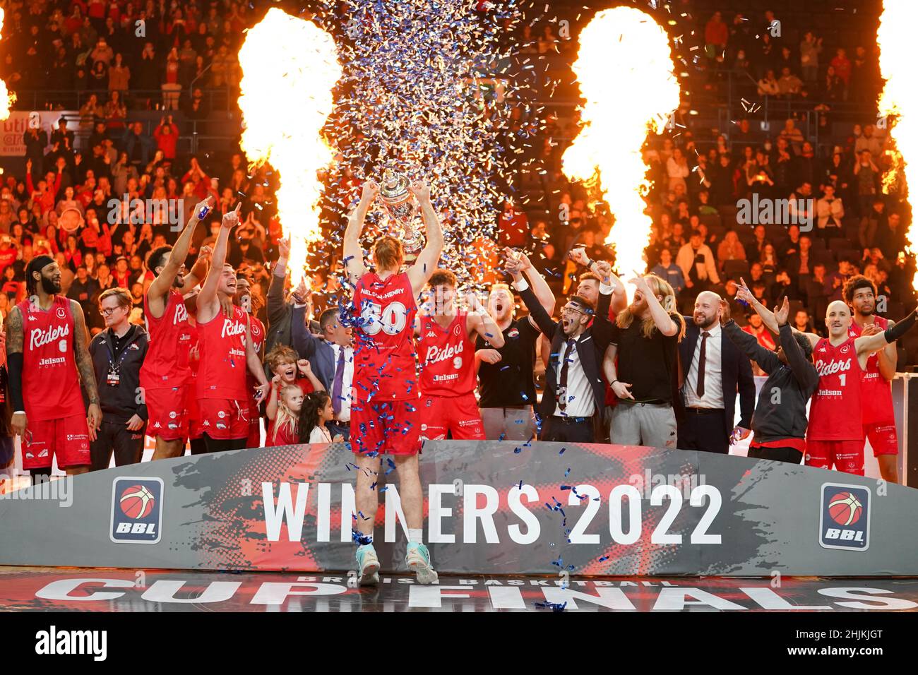 Leicester Riders players and coaching staff celebrate after winning the ...