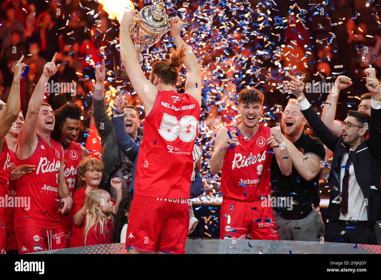 Leicester Riders players and coaching staff celebrate after winning the ...