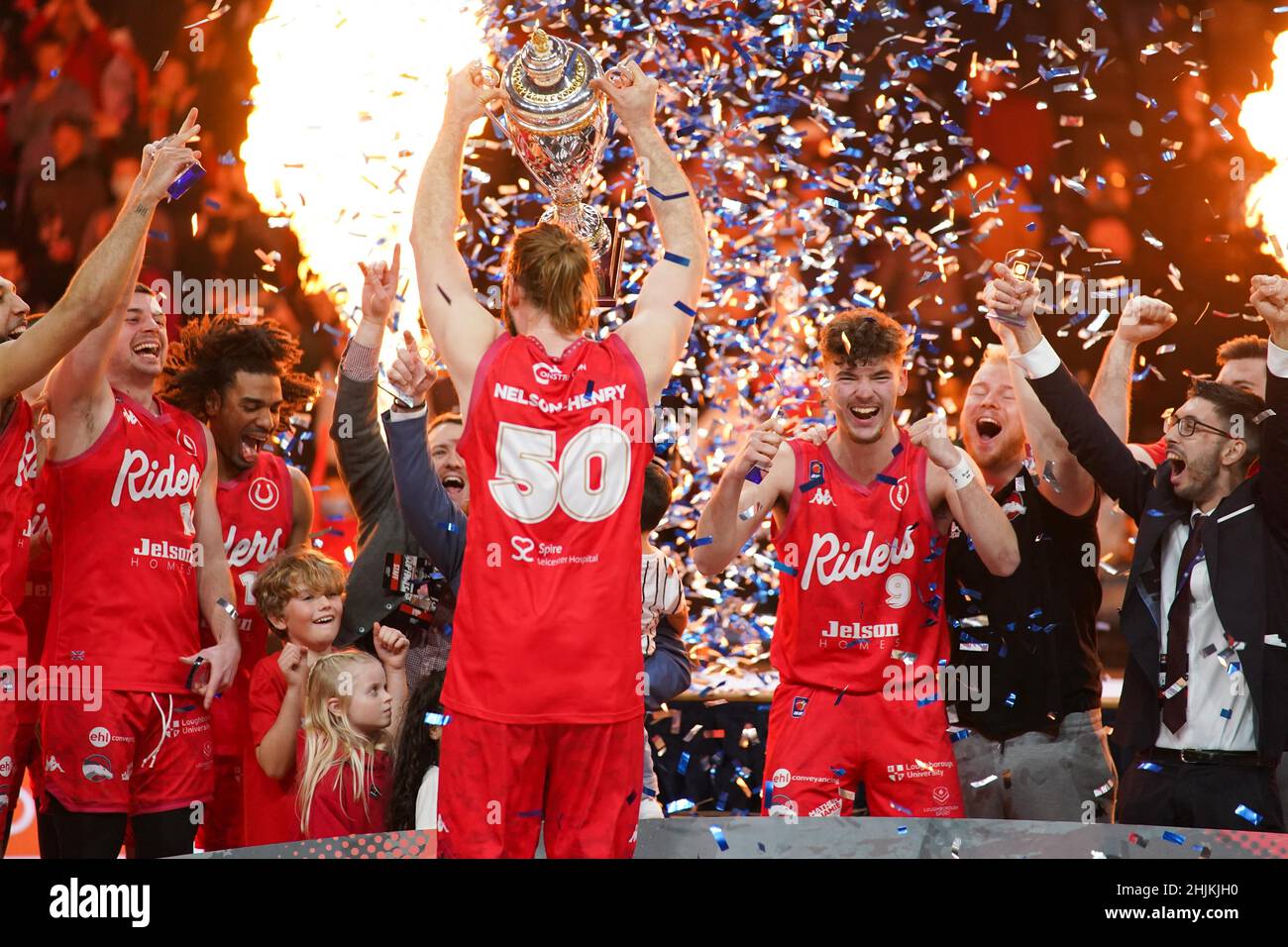 Leicester Riders players and coaching staff celebrate after winning the ...