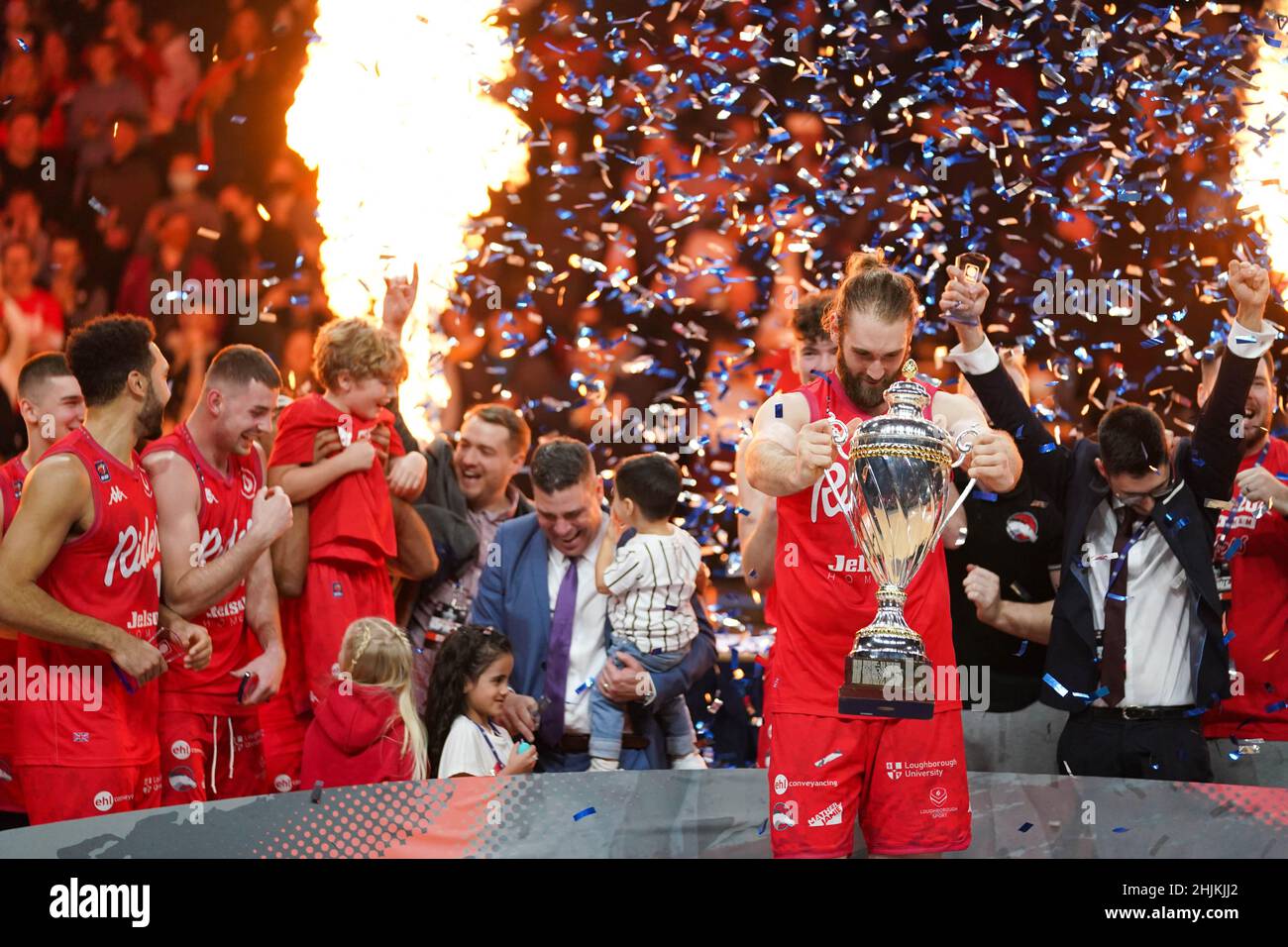Leicester Riders players and coaching staff celebrate after winning the ...