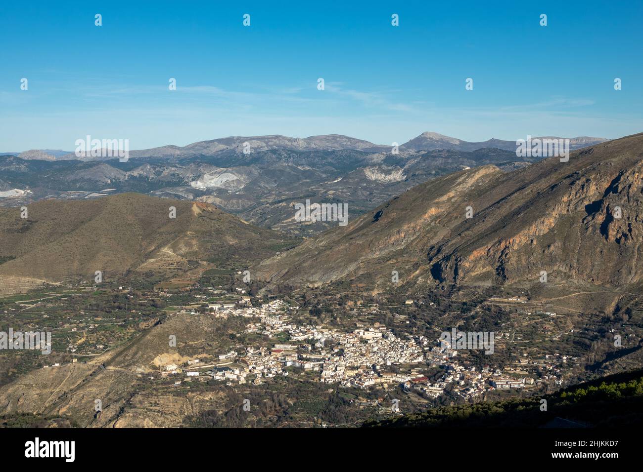 Panoramic view of the Andalusian town of Güejar-Sierra from Sierra ...