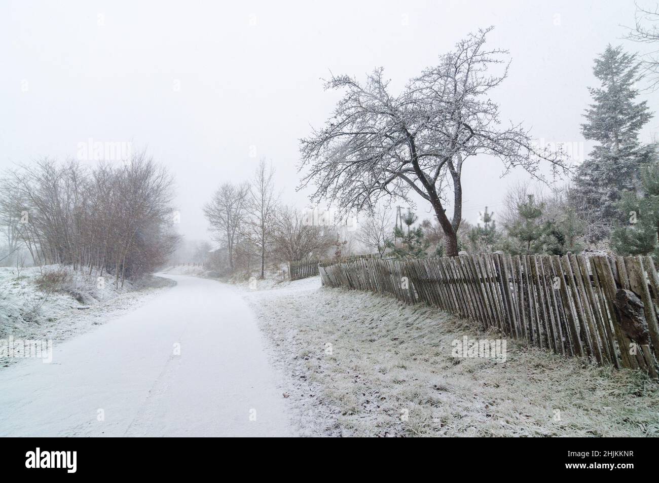 The first snow in Roztocze. Snow-covered country road Stock Photo - Alamy