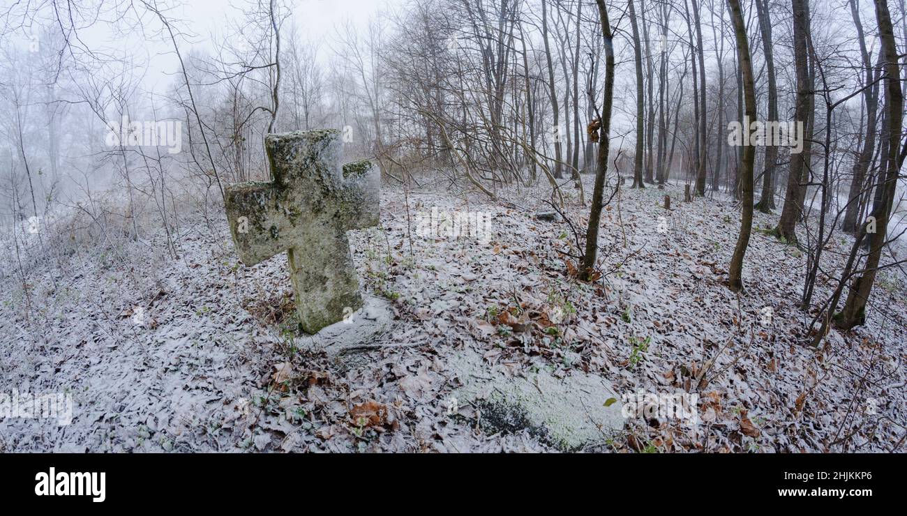 Lonely cross in the forest. The first snow in Roztocze Stock Photo - Alamy