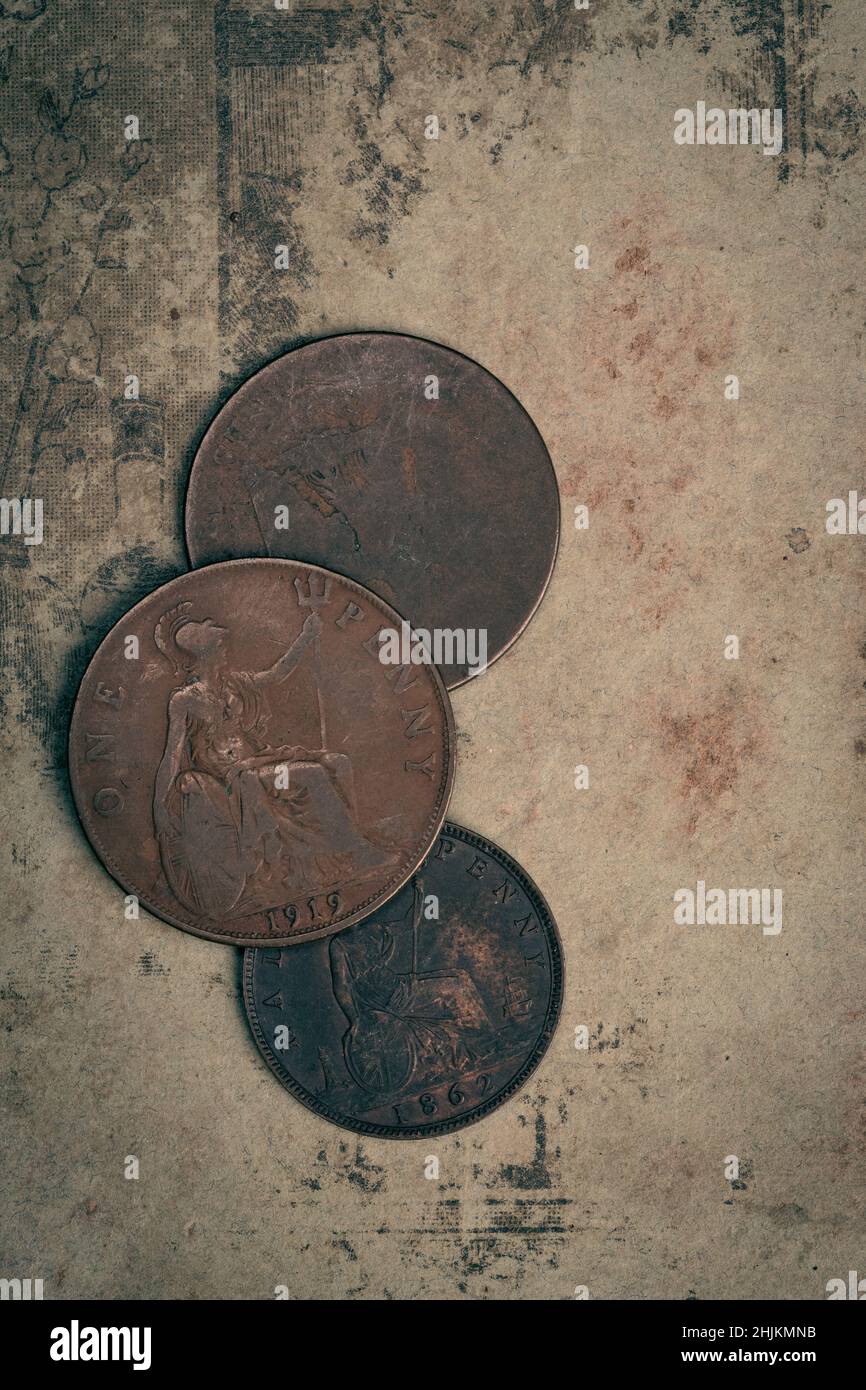 Old British Penny Coins Lay Flat Stock Photo - Alamy