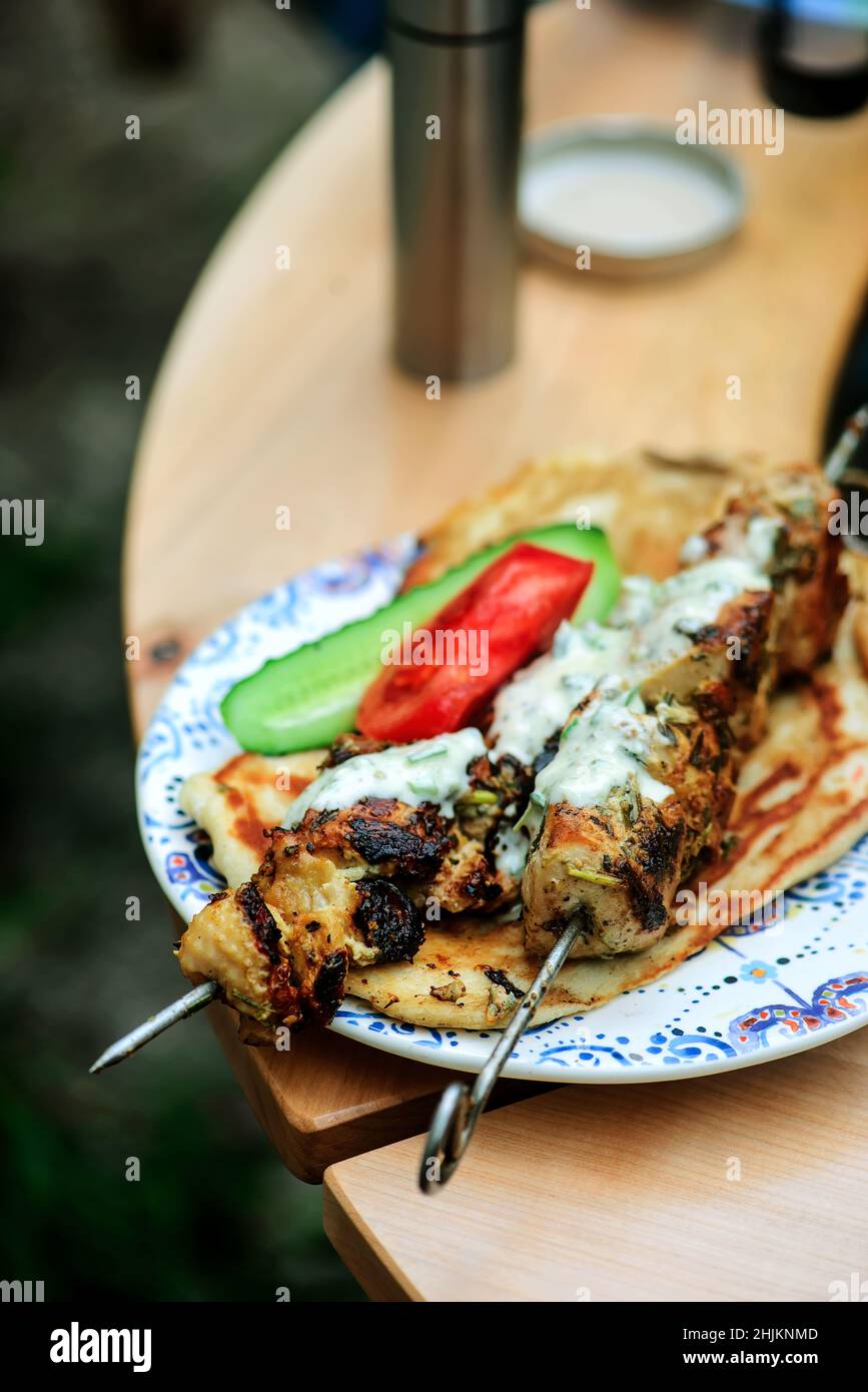Grilled chicken shish tavuk and naan .style rustic.selective focus ...