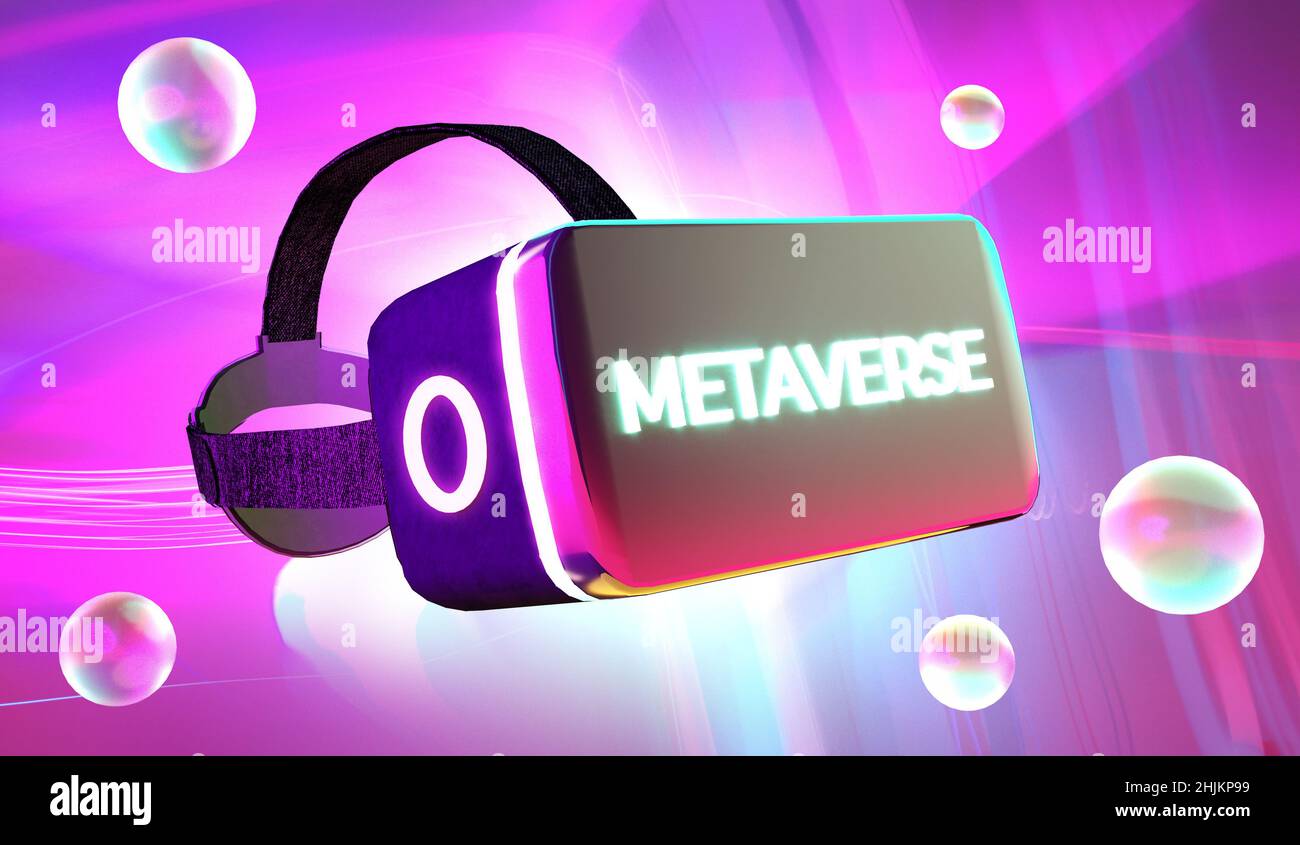 Metaverse futuristic concept with VR virtual reality headset in 3D ...