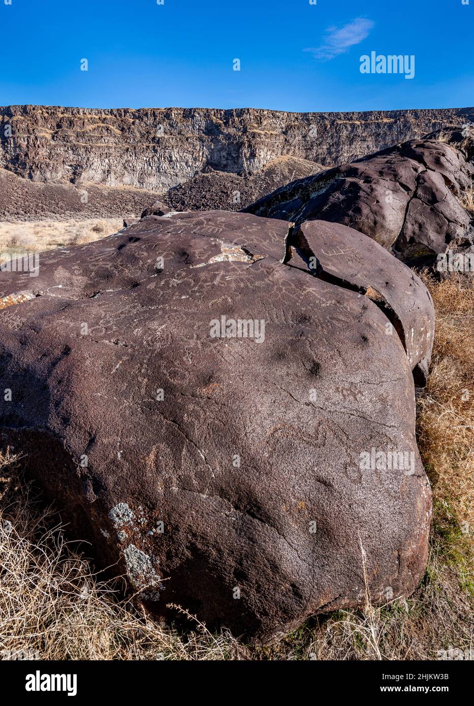 Native American rock carvings along the Snake River in the Idaho desert ...