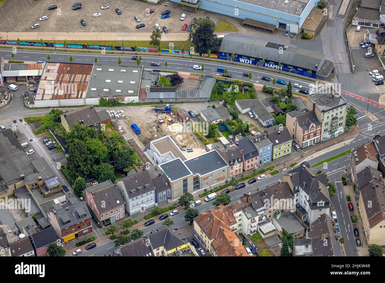 Aerial view, construction site and new building kindergarten Wilhelmstraße 61-65, Mitte, Hamm ...
