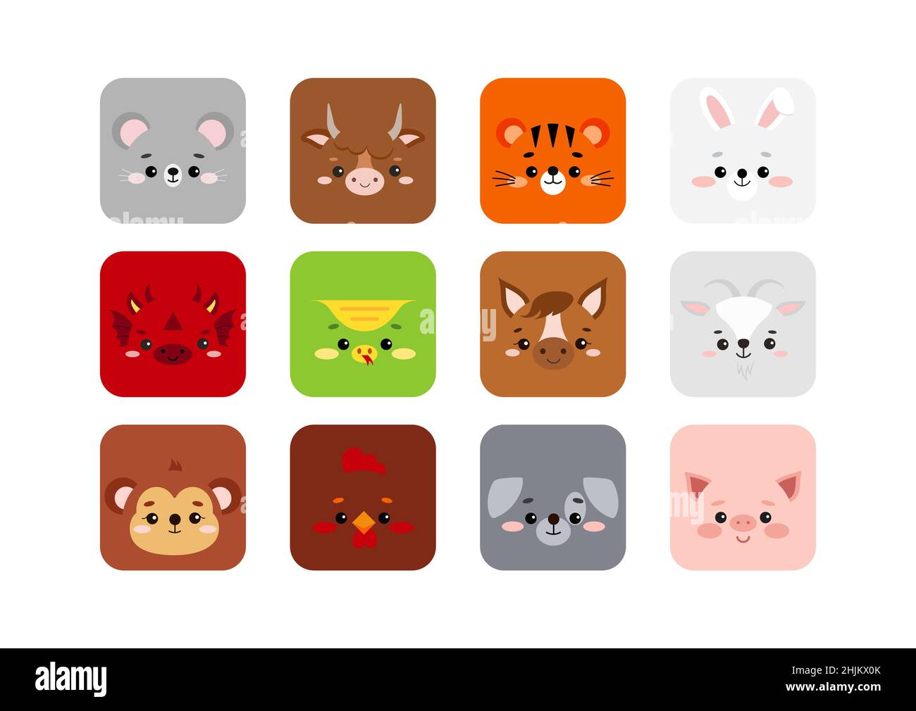 Chinese zodiac animal square faces icon vector set isolated on white ...