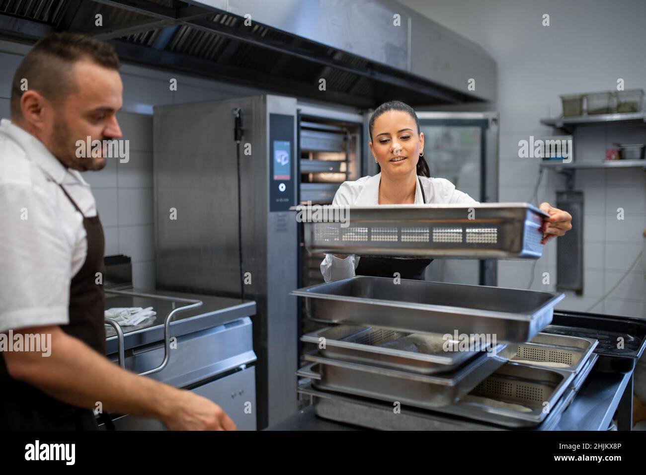 Chef and cook working on their dishes indoors in restaurant kitchen ...