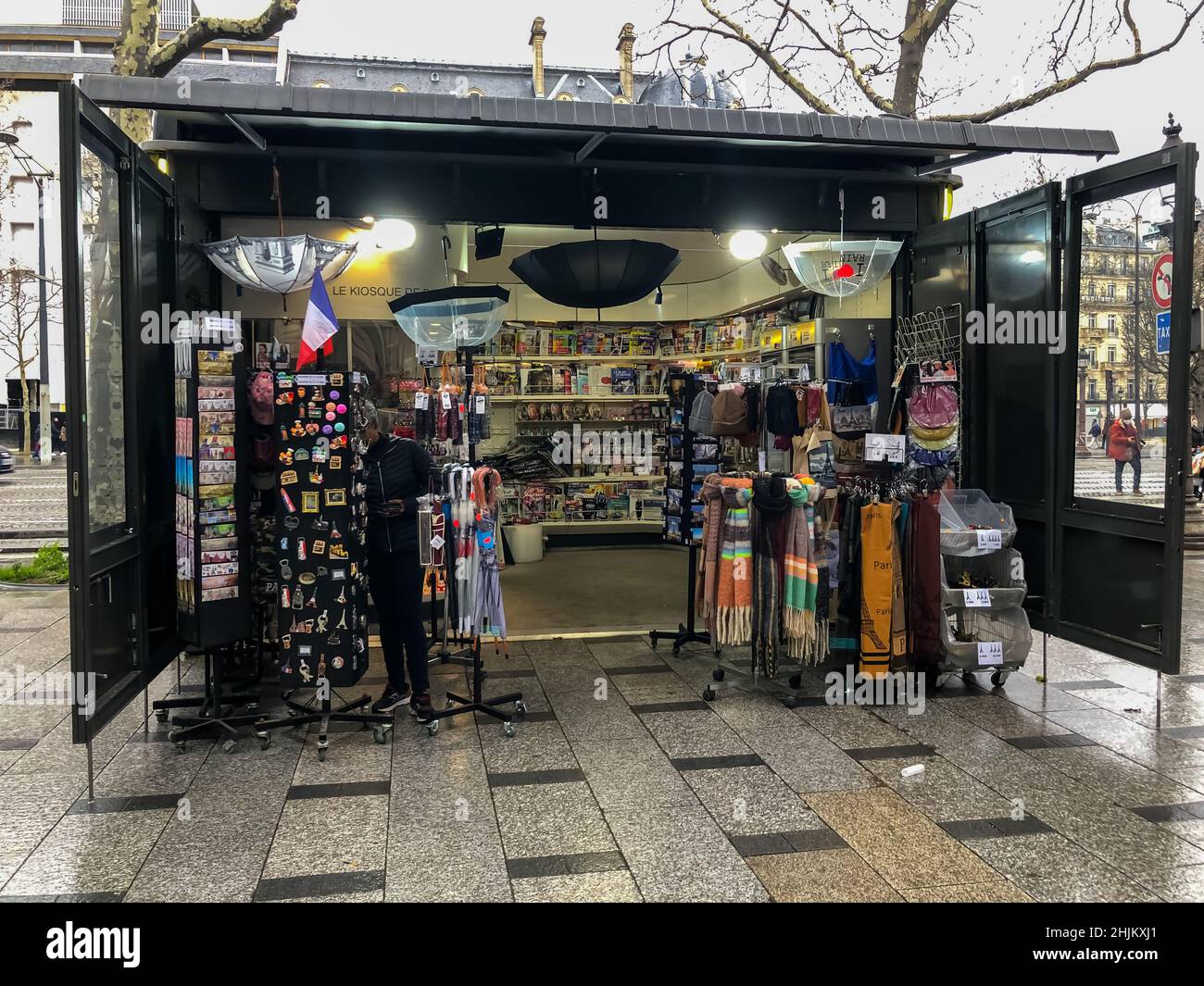 Paris, France, French Newspapers Kiosque shop street Ave. Champs ...