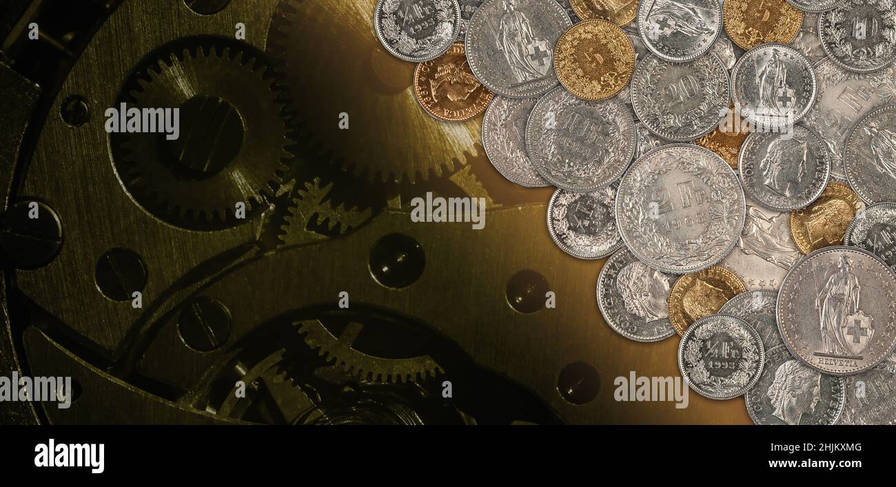 Swiss coins on background of old watch mechanism. Teamwork and time is ...