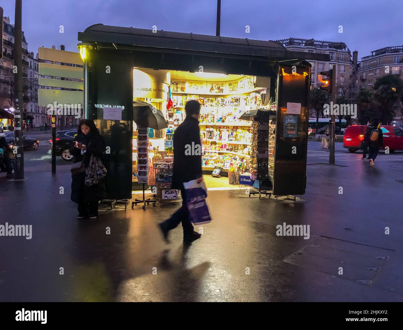 Paris, France, French Newspapers Kiosque on Street, Night, Lights ...