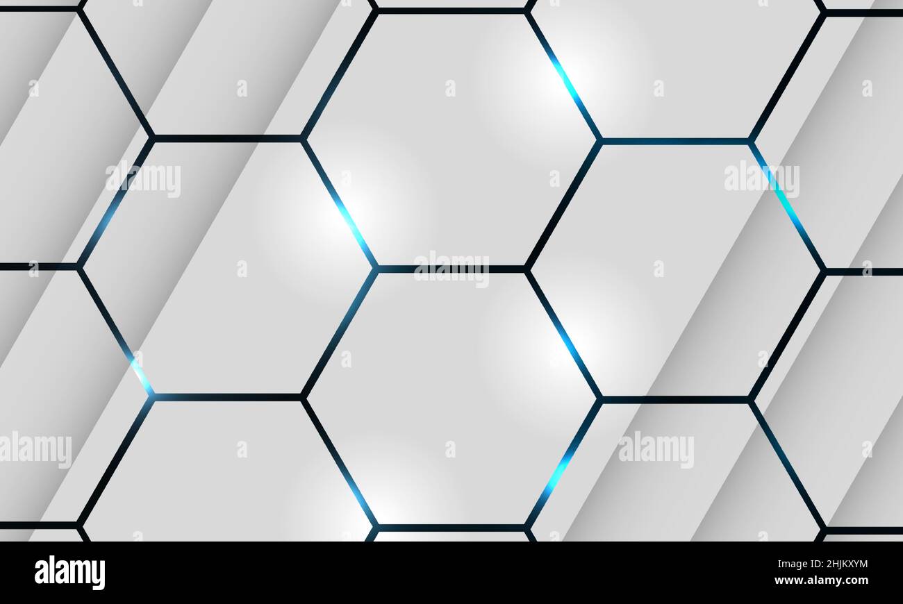 White 3d hexagonal technology vector abstract background. Blue bright energy flashes under ...