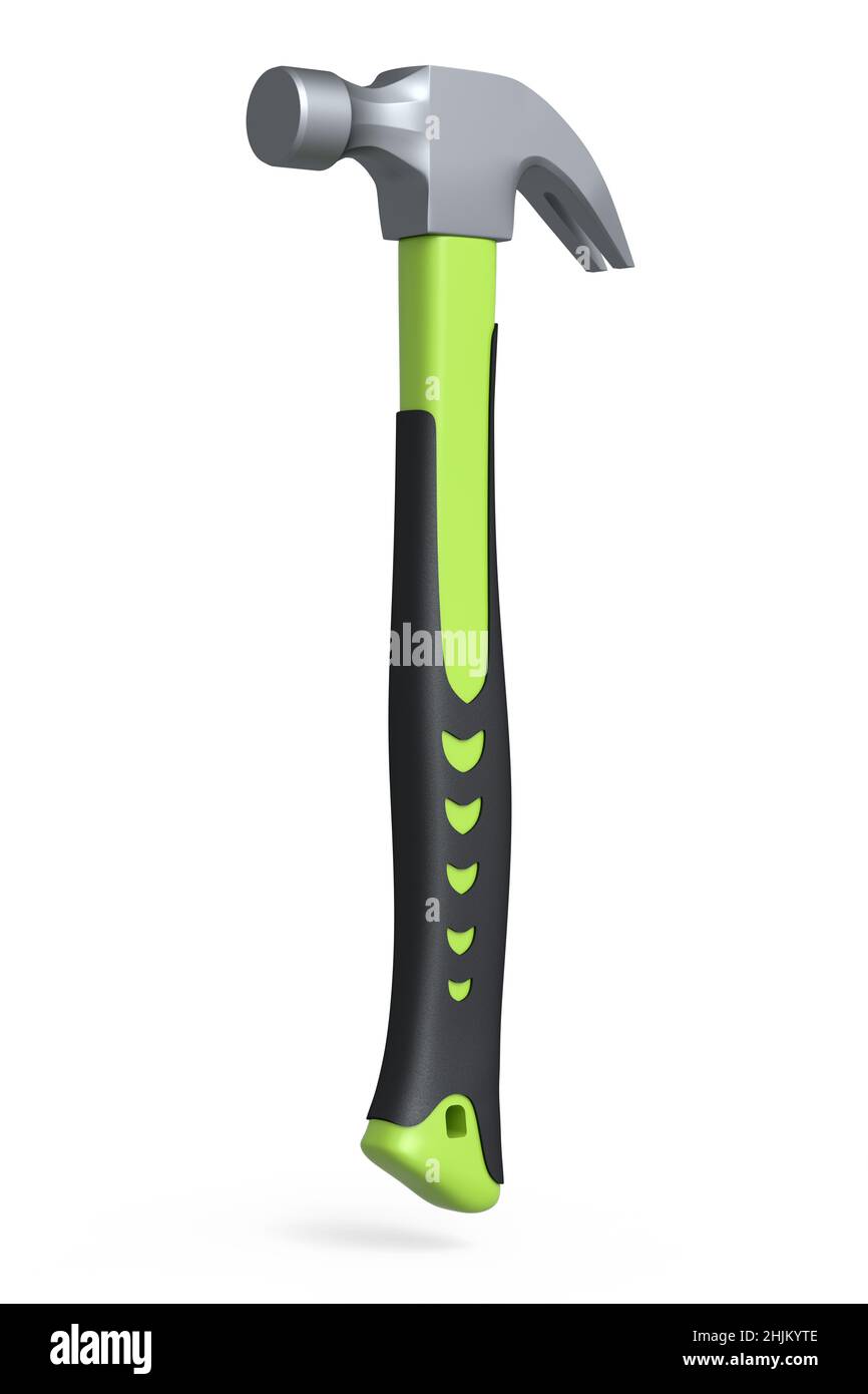 Black and green hammer with a rubberized handle isolated on white ...