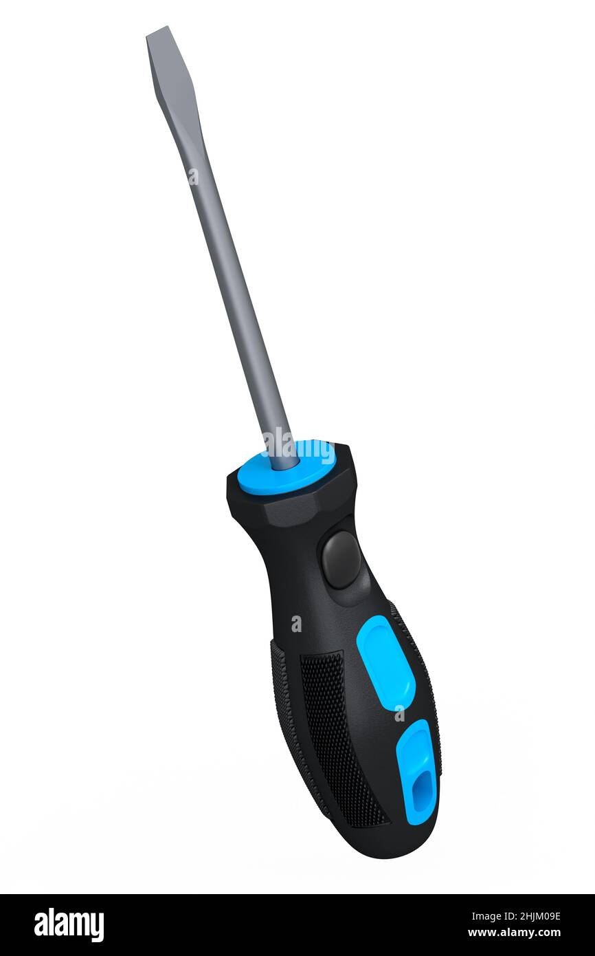 Black and blue screwdriver isolated on white background. 3d render and ...