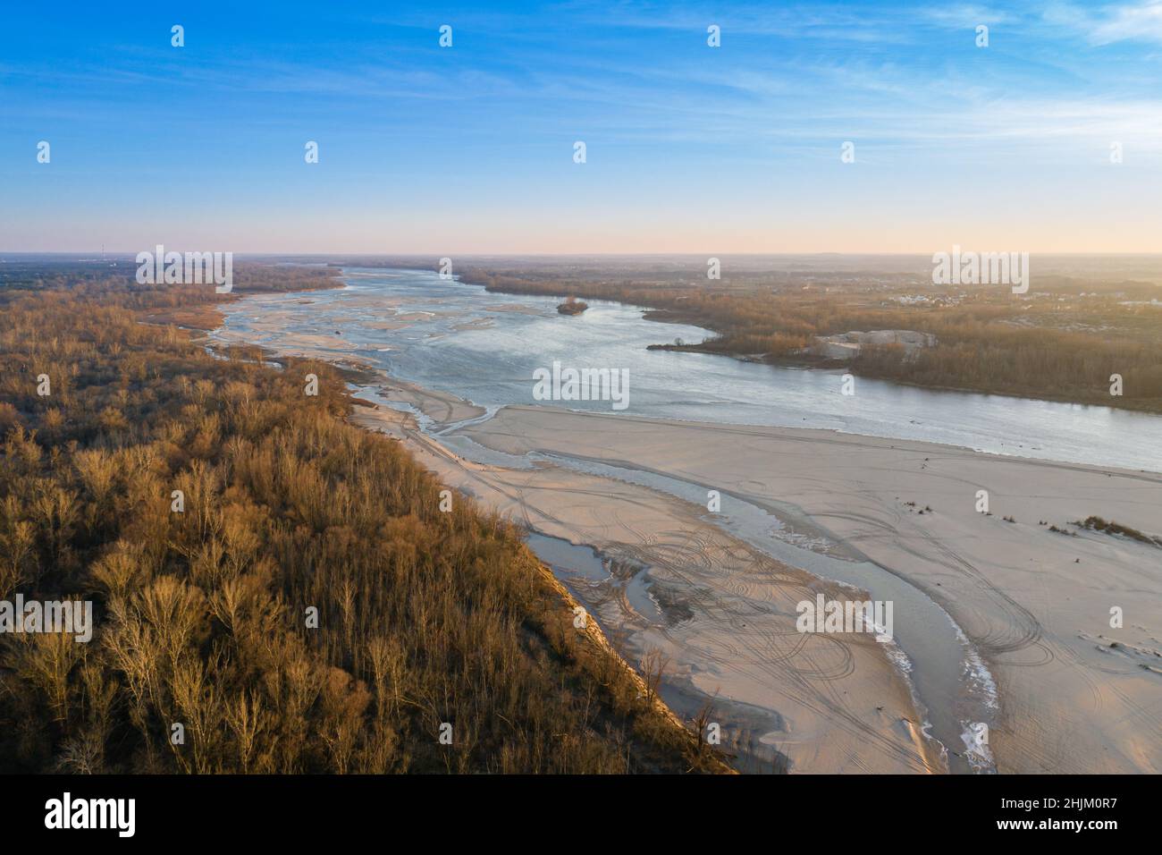 Exposed river bed due to low water level. The effects of drought aerial ...
