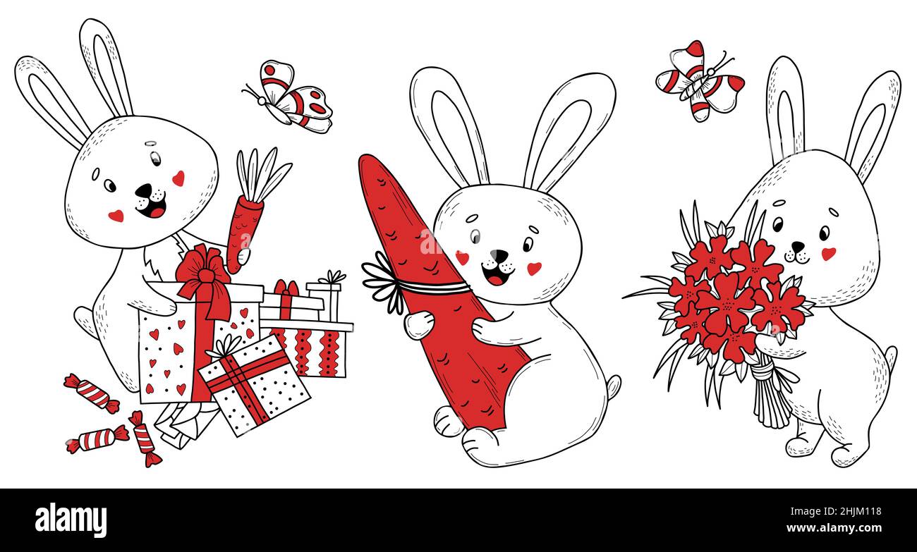 Cute rabbit character set with gifts. Bunny with bouquet and carrot ...